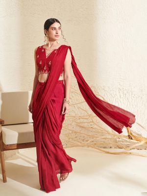 Buy FLAMINGO THE LABEL Daisy Magenta Pleated Pre-Drape Saree with Stitched Blouse Online