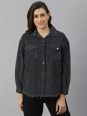 Buy Xpose Women Dark Grey Solid Oversized Boyfriend Fit Corduroy ...