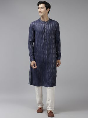 Buy See Designs Men Navy Blue & Beige Woven Design Thread Work Kurta ...