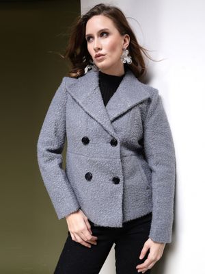 Buy Juelle Women Winterwear Solid Blue Double-Breasted Pea Coat Online