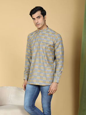 Buy TABARD Cotton Full Sleeve Regular Fit Checks Grey Short Kurta for ...