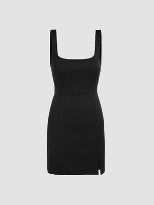 Buy Cider Solid Square Neck Split Mini Dress Online