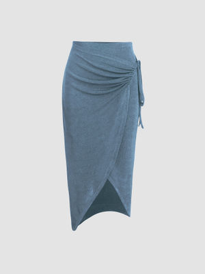 Buy Cider Solid Drawstring Asymmetrical Hem Knit Maxi Skirt Online