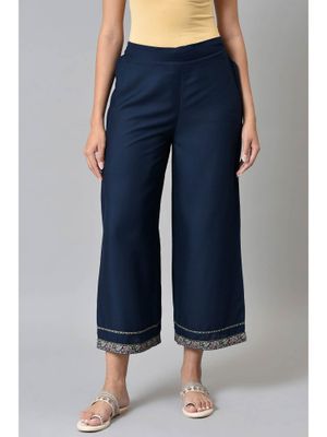 Buy W Blue Solid Parallel Pants (S) Online