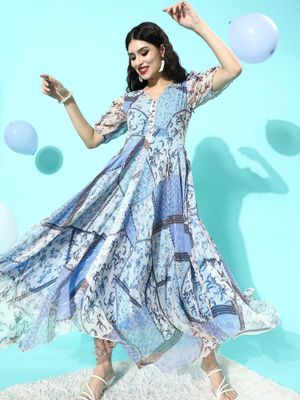Buy ANVI Be Yourself Puff Sleeve Embellished Maxi Dress Blue & White Online