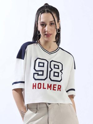Buy Hubberholme Women White Printed Boxy V-Neck Half Sleeves T-shirt (S ...