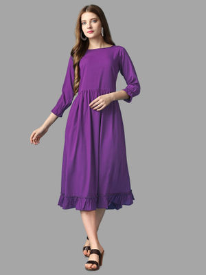 Buy RAISIN Purple Solid Three Fourth Sleeves Midi Dress for Women Online