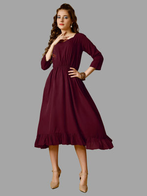 Buy RAISIN Maroon Solid Three Fourth Sleeves Midi Dress for Women Online