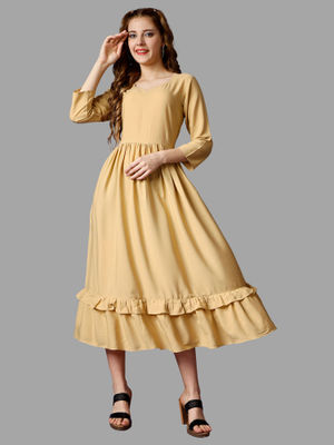 Buy RAISIN Yellow Solid Three Fourth Sleeves Midi Dress for Women Online