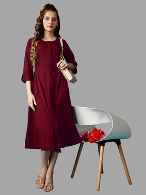 Buy RAISIN Maroon Solid Three Fourth Sleeves Midi Dress for Women Online