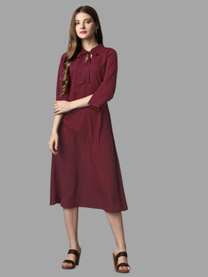 Buy RAISIN Maroon Solid Three Fourth Sleeves Midi Dress for Women Online