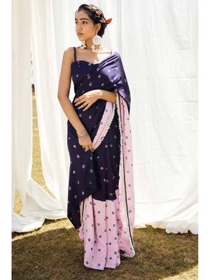 Buy Aapro Label Blue Bandhej Pre Draped Saree With Stitched Blouse (L ...