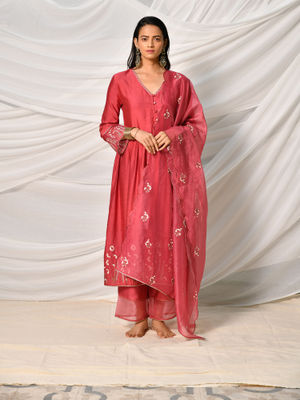 Buy Seher Jaipur Maroon Ruby Kurta with Pant and Dupatta (Set of 3) Online