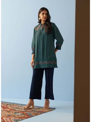 Buy Lakshita Green A Line Rayon Kurti With Embroidery And Smocking Online