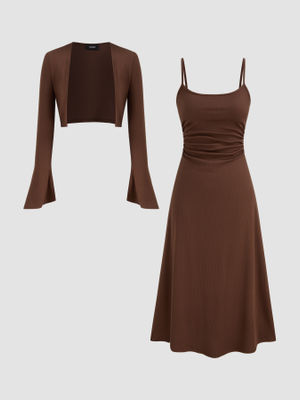 Buy Cider Ruched Solid Cami Maxi Dress & Solid Long Sleeve Shrug (XS) Online