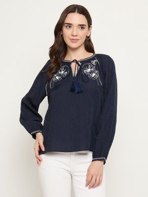 Buy Madame Blue Embroidered Full Sleeves Top (S) Online