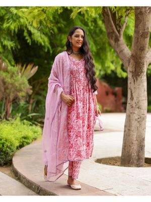 Buy Mayurie Magenta and Pink Block Printed Cotton Suit (Set of 3) (XS ...