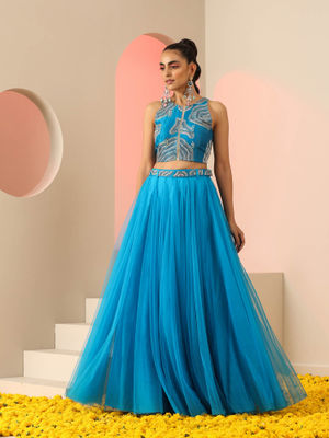 Buy Kudi Pataka Designs Akashi Blue Embroidered Top & Skirt With Belt ...