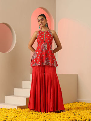 Buy Kudi Pataka Designs Apsa Red Fusion Kurti With Sharara (Set of 2 ...