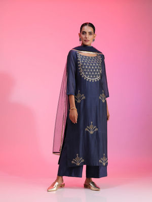 Buy Kudi Pataka Designs Begam-na Blue Kurta With Palazzo & Dupatta (Set ...