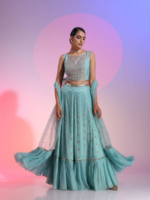 Buy Kudi Pataka Designs Ella-aq Blue Fusion Lehenga With Choli ...