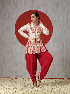Buy WAZIR C Off White Flared Silk Tunic with Red Tulip Pants. (Set of 2 ...