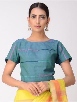 Buy SMRITI GUPTA Teal Cotton Embroidered Blouse Online