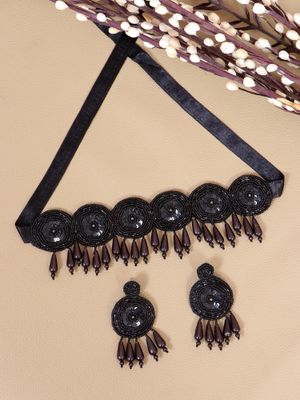 Buy Crunchy Fashion Black Beaded Handmade Choker Jewellery Set online