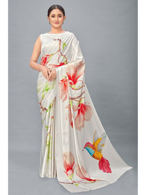 Buy Monjolika Fashion Off White Color Satin Digital Print Saree with ...