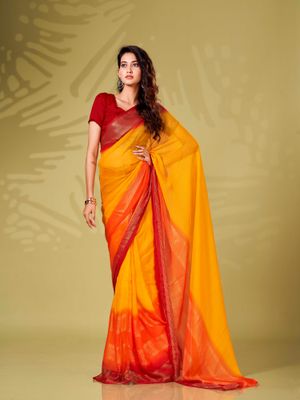 Buy Tikhi Imli Ready to Wear Yellow & Red Color Chiffon Saree with ...