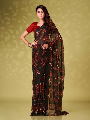 Buy Tikhi Imli Ready to Wear Black & Red Color Geometric Print Saree ...