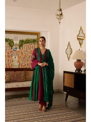 Buy MEESA Embroidered Chanderi Silk Anarkali with Churidar and Dupatta ...