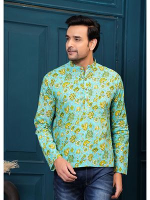 Buy Hatheli Pure Cotton Green Floral Printed Straight Kurta Online
