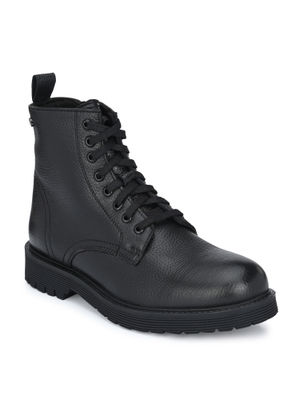 Buy Delize Solid Black Lace-up Derby Boots Online
