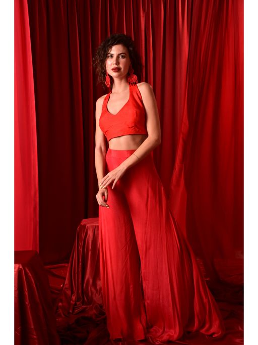 halter neck blouse red