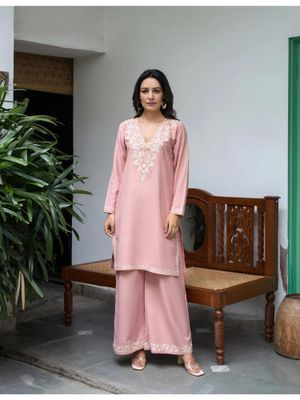 Buy Kashmir Box Dusky Pink Kashmiri Aari Embroidered V Neck Cotton ...