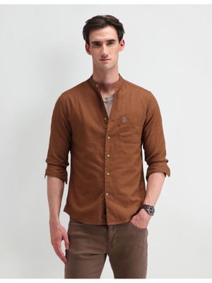Buy U.S. POLO ASSN. Solid/Plain Rust Full Sleeves Mandarin Neck Shirt ...
