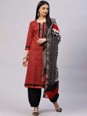 BIBA Unstitched : Buy Biba Red Cotton Unstitched Suit Set (Set of 3 ...