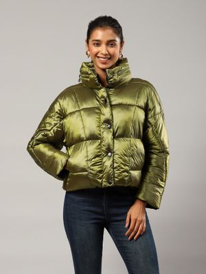 Buy Label Ritu Kumar Olive Solid Puffer Slit Pocket Jacket Online