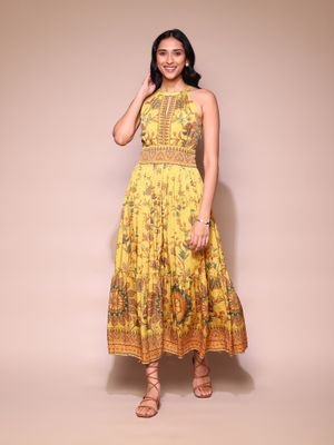 Buy Label Ritu Kumar Yellow Floral Halter Neck Maxi Dress Online
