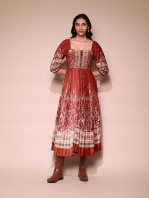 Buy Label Ritu Kumar Rust Floral Velvet Square Neck Dress Online