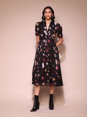 Buy Label Ritu Kumar Black Floral Midi Dress With Belt (Set of 2) Online