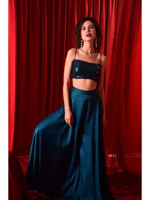 Buy LAALZARI Rama Blue Sequin Crop Top With Wide Palazzo (Set of 2) Online