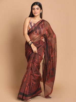 Buy Indethnic Rust Floral Cotton Blend Saree with Unstitched Blouse Online