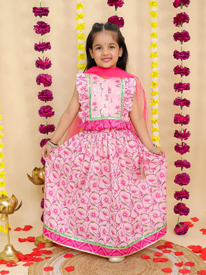 Buy BownBee Pink Cotton Puff Sleeves Lehenga with Choli & Dupatta (Set ...