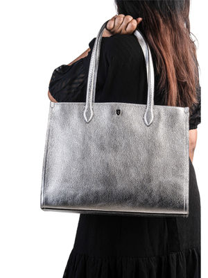 Buy REVUP Silver Leather Structured Tote Bag Online