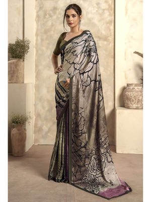 Buy Mysilklove Sardine Grey Printed Satin Silk Saree with Unstitched ...