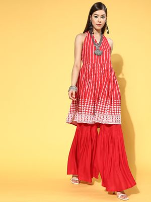 Buy InWeave Red Embroidered Backless Kurta with Sharara (Set of 2) Online