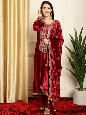 Buy Stylee LIFESTYLE Maroon Velvet Embroidered Dress Material Online