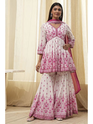 Buy Biba Women Off White Cotton Straight Kurta & Garara with Dupatta ...
